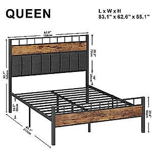 LIKIMIO Queen Bed Frame with 55 Inches upholstered high headboard, Sturdy and No Noise Platform Bed, No Box Spring Needed, Easy Assembly, Vintage Brown