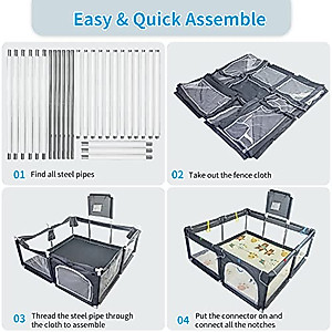 Baby Playpen with Basketball Large Playpen with Mat Playard for Babies Toddlers and Kids Play Pen Indoor & Outdoor Activity 63x63 Inches Extra Baby Play Pen with 100 PCS Ocean Balls