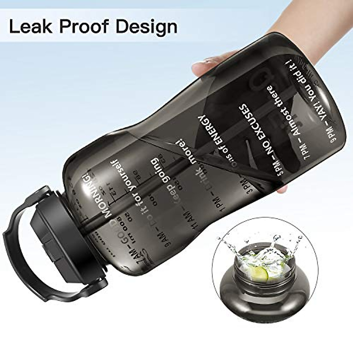 QuiFit Motivational Gallon Water Bottle - with Straw & Time Marker BPA Free 128/64 oz Large Water Jug Leak-Proof Durable for Fitness Outdoor Enthusiasts(Black, 64 oz)