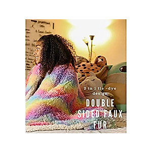 Rainbow Tie-Dye Extra Soft Fuzzy Faux Fur Throw Blanket 50" x 60",Solid Reversible Lightweight Long Hair Shaggy Blanket,Fluffy Cozy Plush Comfy Microfiber Fleece Blankets for Couch Sofa Bedroom