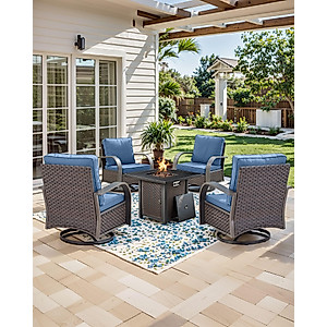 HUMMUH Outdoor Furniture with Fire Pit -Patio Table and Chairs Set of 4 Swivel Patio Chairs for Deck Porch Garden Poolside Backyard-Brown/Blue
