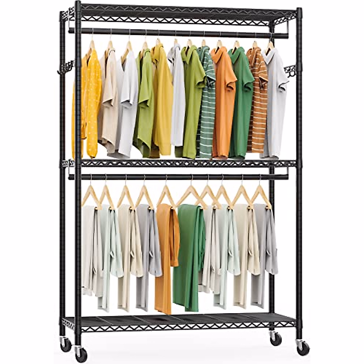 LEHOM G1 3 Tiers Garment Rack with Storage Shelves, Heavy Duty Rolling Free-Standing Clothing Rack Closet Organizer with Double Rods/Lockable Wheels & 2 Pairs Side Hooks, Max Load 450 LBS, Black