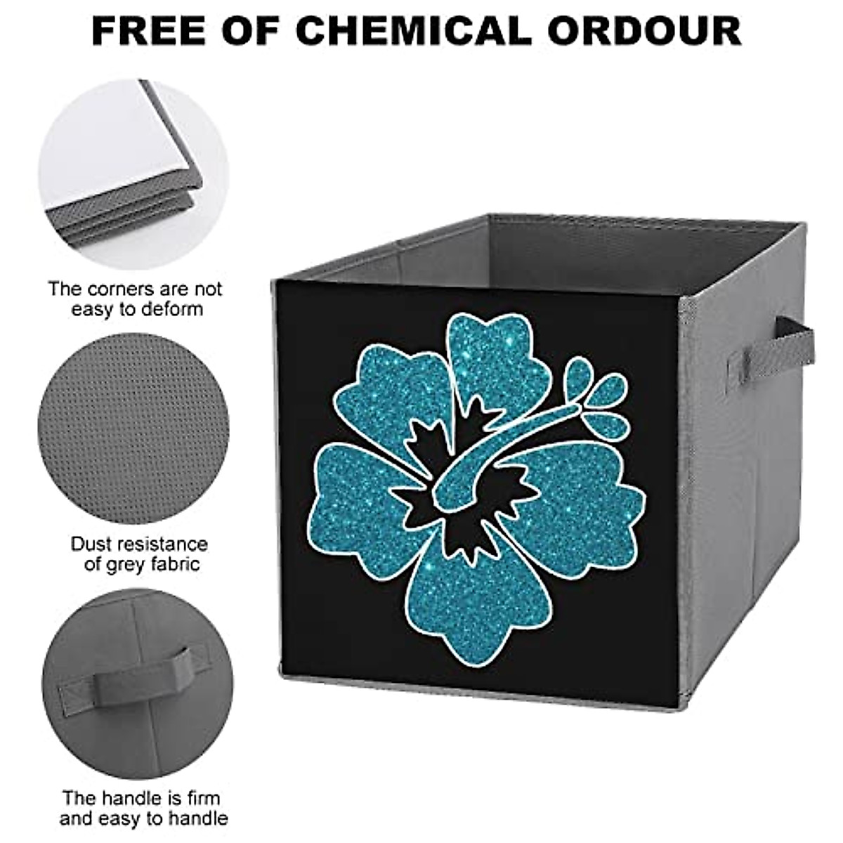 Glitter Hibiscus Storage Bins Cubes Foldable Fabric Organizers with Handles Clothes Bag Book Box Toys Basket for Shelves Closet 10.6"