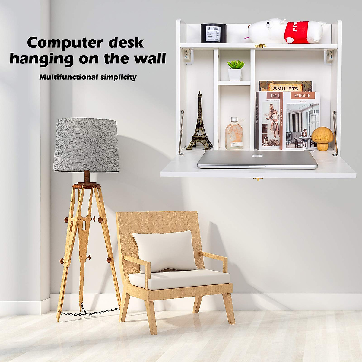 KZHOME Multifunctional Folding Wall-Mounted Laptop Desk Writing Table with Storage Shelves, for Home Office, White