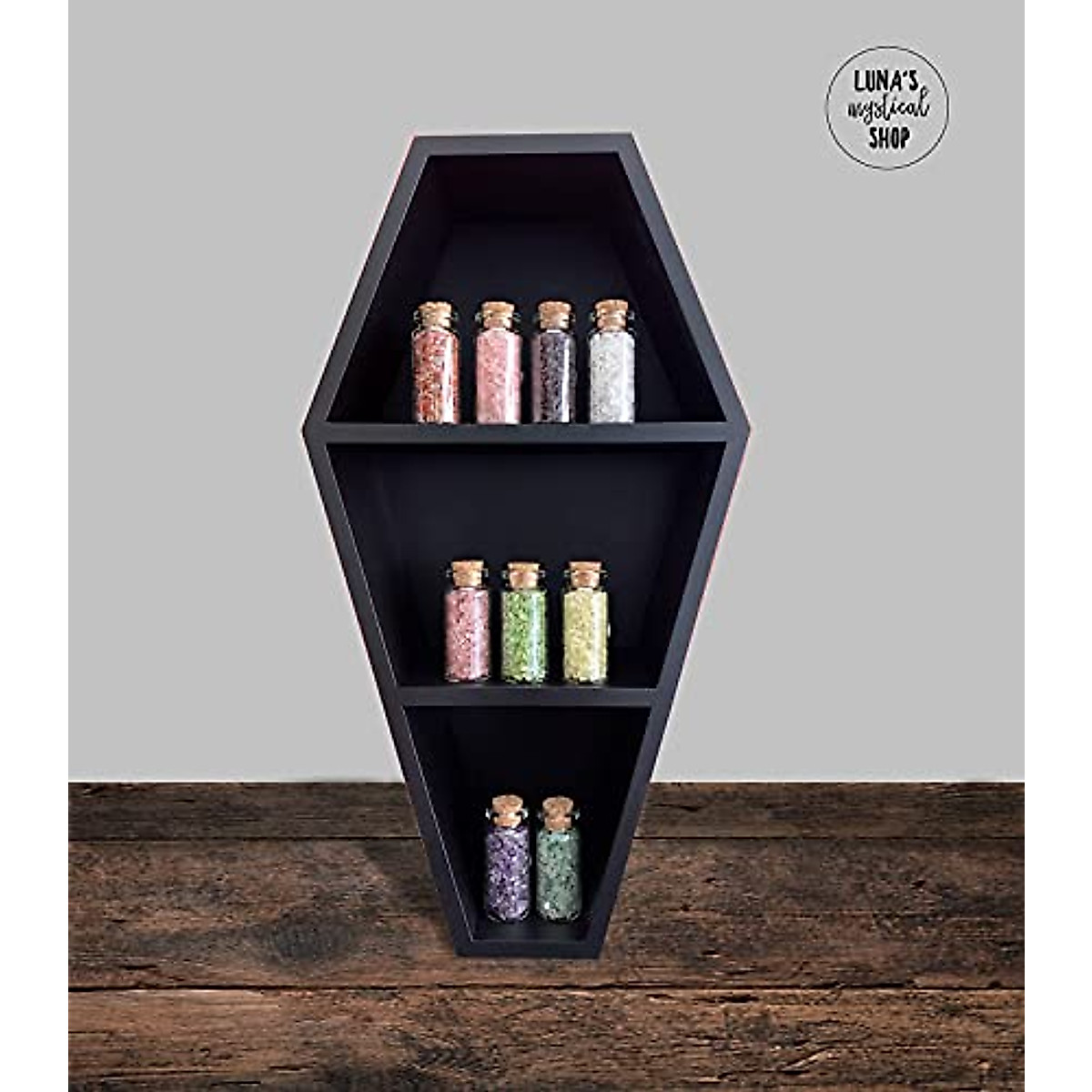 Luna's Mystical Coffin Shelf - Horror Gothic Decor - Black Floating Wooden Shelf for Wall or Table Top - Witchy Wall Decor- 14 Inches Tall by 7 Inches Wide