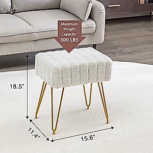 Modern Mink Square Footstool Ottoman Bench, White Faux Fur Vanity Stool with Gold Legs, Comfy Vanity Chair Entryway Bench, Makeup Stools for Vanity, Plush Fluffy Footrest for Bedroom, Living Room
