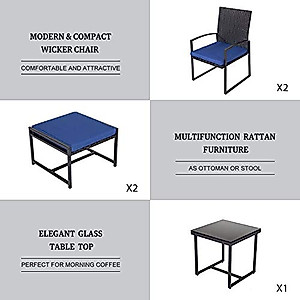 5-Piece Wicker Outdoor Conversation Sets Patio Furniture PE Rattan All Weather Cushioned Chairs Bistro Set with Ottoman and Glass Coffee Side Table for Balcony Porch, Dark Blue