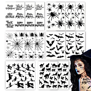 Whaline 250Pcs+ Halloween Temporary Tattoos 16 Sheet Waterproof Tattoo Stickers Black Gothic Spider Web Cat Witch Tattoo Decals for Boy Girl Trick or Treat Decoration Party Favors Arm Body Face
