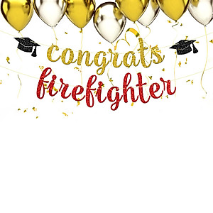 Maicaiffe Congrats Firefighter Banner- Future Fireman Sign Party Supplies - Congrats Fire Department Fire Academy Graduation Firefighter Grad Banner Decor Gold Red Glitter