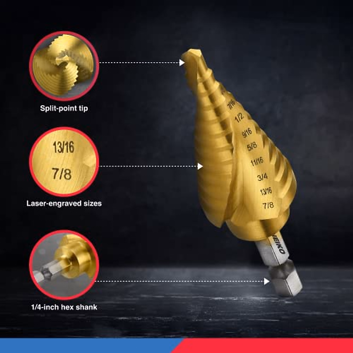 Neiko - 43219-22909 10181A Quick Change HSS Titanium Coated Spiral Grooved Step Drill Bit 3-Piece Set | 31 Step Sizes in One Kit