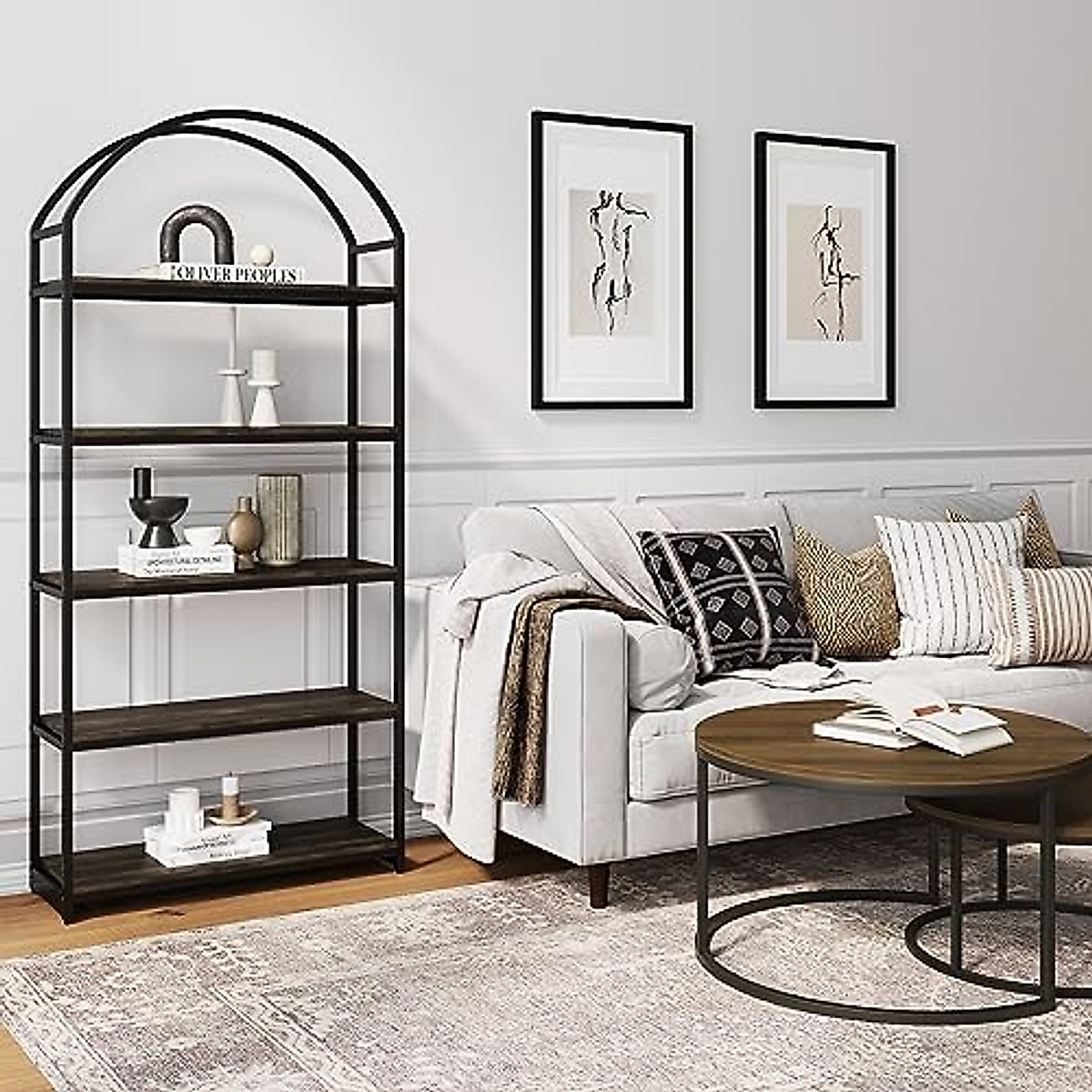 Nathan James Haven Etagere Bookshelf, 5-Shelf Bookcase in Nutmeg Wood and Black Metal Frame with Arch Top and Open Shelves, Nutmeg/Black