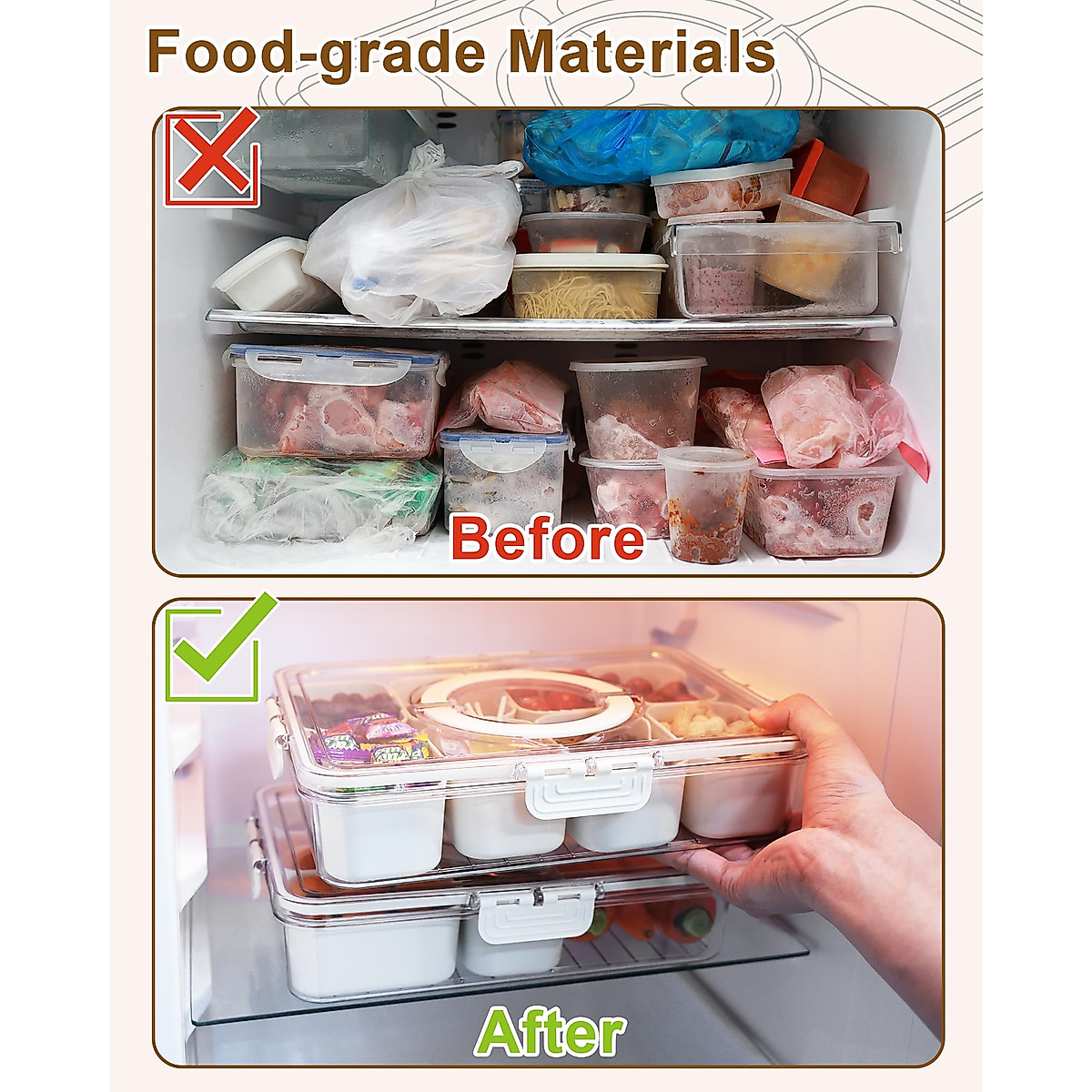 HAKPNEW Snackle Box Container with Lid & Handle, Divided Clear Snack Box Serving Tray, Refrigerator Organizers and Storage for Fruit, Candy, Charcuterie, Veggie, Perfect for Party, Travel, & Picnic