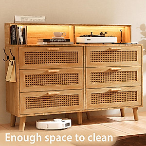Dresser for Bedroom, 6 Drawer Boho Dresser with LED Light, Rattan Chest of Dressers, Modern Wood Dresser Chest, BesideTable for closet,Storage Organizer Cabinet for Hallway Entryway LivingRoom Natural