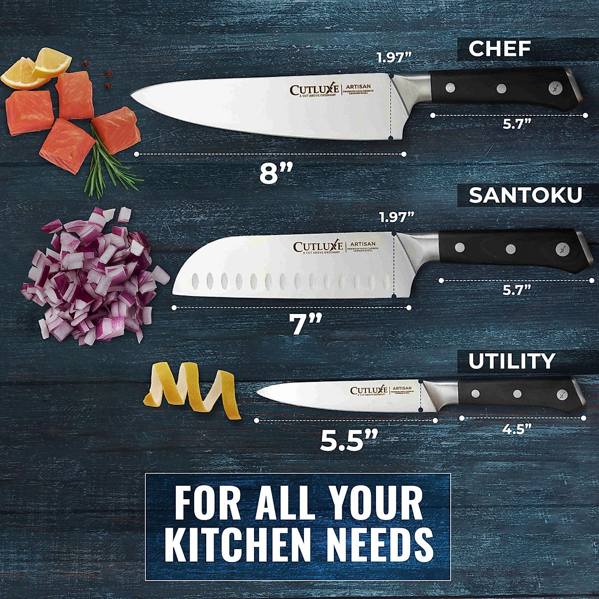 Cutluxe Chef Knife Set, 3 PCS Professional Chef's Knife Set – Razor Sharp German Steel, Full Tang, Ergonomic Handles - Artisan Series