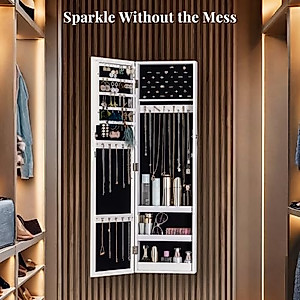 LUXFURNI Jewelry Cabinet, Wall-Mount/Door-Hanging Full Length Mirror With Storage, Lockable Armoire Organizer, Built-in Makeup Mirror, White