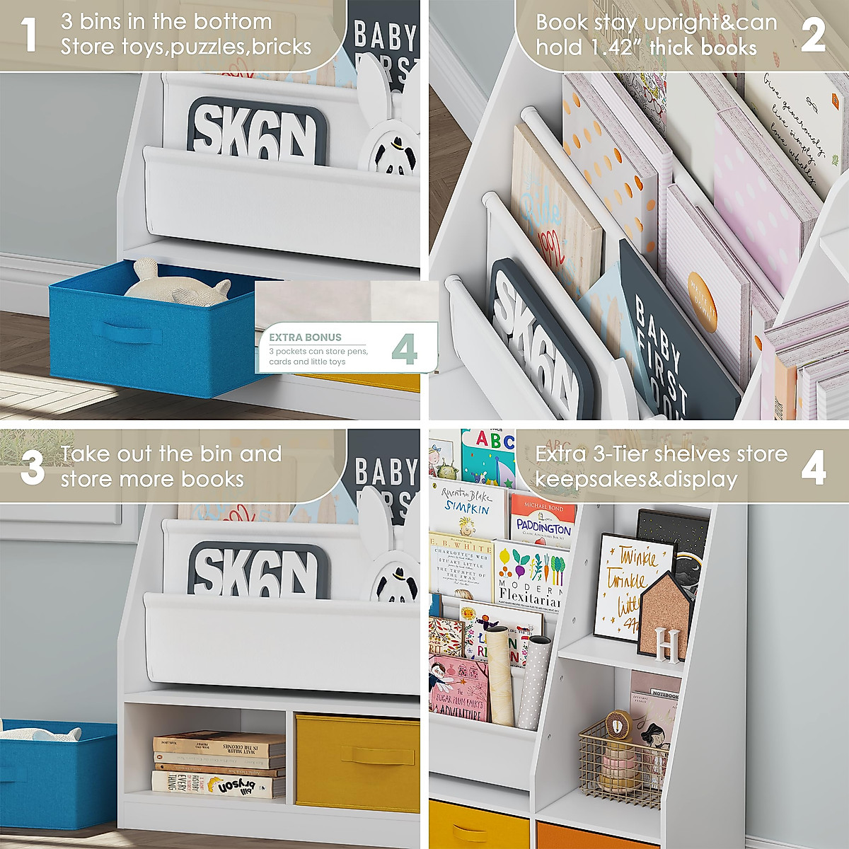 UTEX 5-Tier Kids Sling Bookshelf with Storage Bins, Wood Children Bookcase, Toddler Montessori Book Shelf for Kids Room, Classroom, Bedroom, and Nursery, White