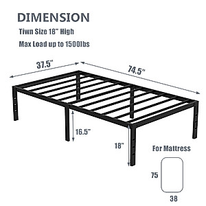 MGNO 18in Twin Size Bed Frame No Box Spring Needed, Heavy Duty Metal Platform Bed Frame Twin with Steel Slat, Easy Assembly, Noise Free, Black