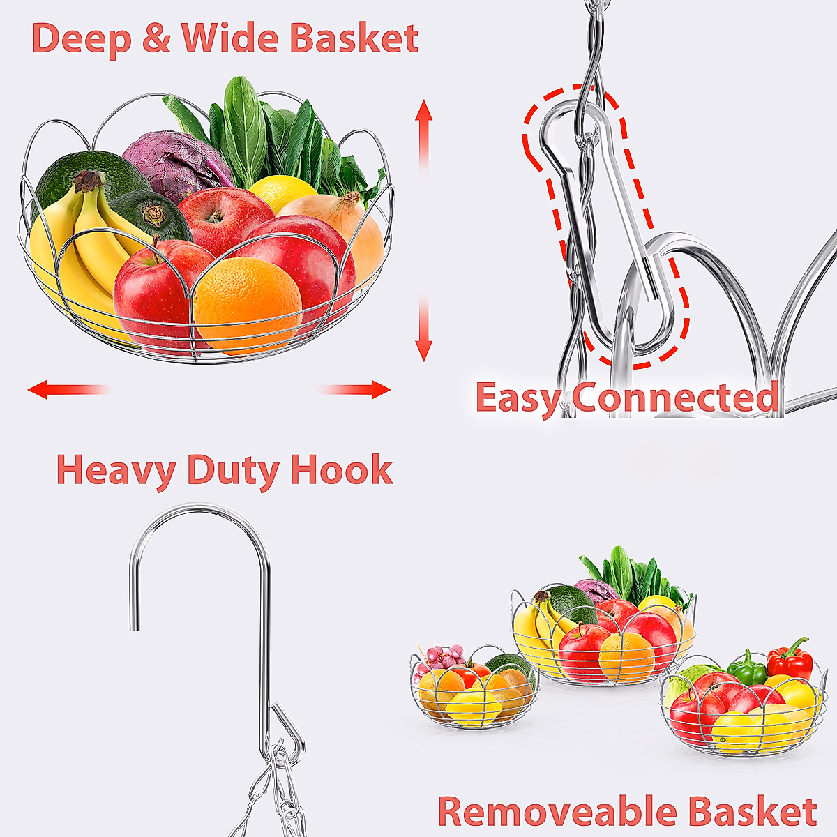 Simple Houseware Modern 3-Tier Hanging Fruit Basket, Chrome