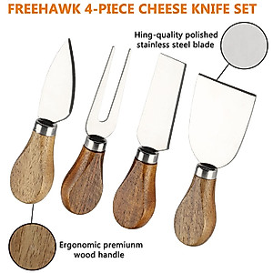 4-Piece Cheese Knife Set Butter Spreader Knives for Charcuterie Board, Acacia Wooden Handle Stainless Steel Cheese Knives with Cheese Slicer Cheese Cutter Cheese Shaver Cheese Fork