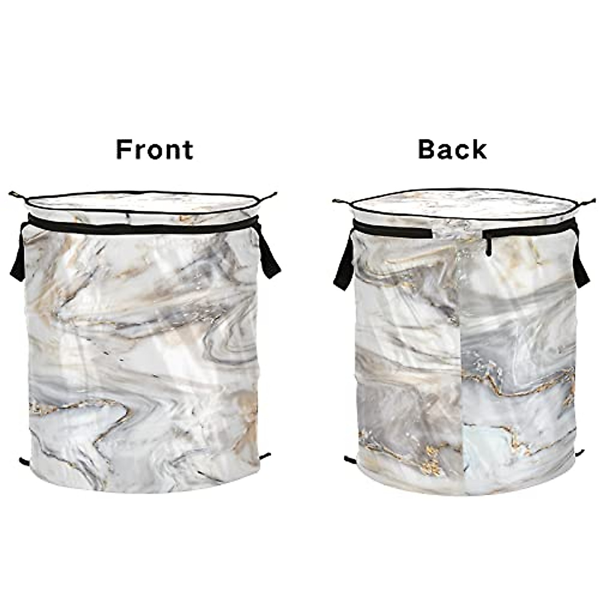 xigua Marble Ink Texture Pop Up Laundry Hamper Bucket Cylindric, Foldable Clothes Bag, Folding Washing Bin,Large Capacity Zipper Lid Laundry Storage Basket