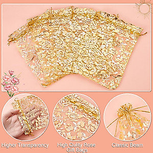 PH PandaHall 50pcs 5 x 7 Inches Golden Rose Flower Printed Organza Bags Jewelry Pouch Bags Wedding Favors Bag Organza Drawstring Pouches Wedding Favors Candy Gift Bags
