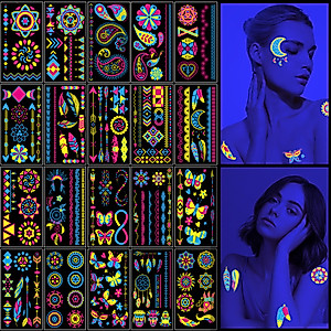 Glow in The Dark Temporary Tattoos 20 Sheets UV Neon Blacklight Tattoos, Body Face Paint Fake Glow Party Supplies Tattoos Stickers for Aldult Women Men Teen Girl