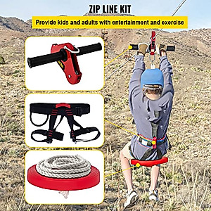 VEVOR Zip line Kits for Backyard 110FT, Zip Lines for Kid and Adult, Included Swing Seat, Zip Lines Brake, and Steel Trolley, Outdoor Playground Equipment Red