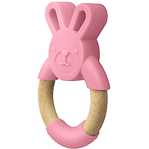LittleFoot Nation Organic & Natural Bunny Rabbit Baby Teether Ring, 100% BPA Free Pure Food Grade Silicone & Beech Wood, Teething Pain Relief Toy for Toddlers & Infants (Pink)