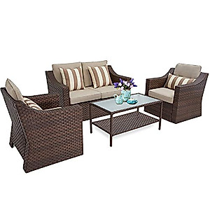 SUNCROWN 4-Piece Outdoor Patio Furniture Conversation Set Rattan Wicker Chairs and Glass Top Table All-Weather and Thick Cushions - Brown