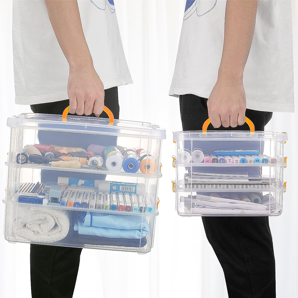 6 PACK 2 Sizes 3-Tier Plastic Storage Containers with Lids, Handled Art Supply Craft Organizer Storage Box for Organizing Craft, Stationery, Sewing, Art Craft, Jewelry and Beauty Supplies (Orange)