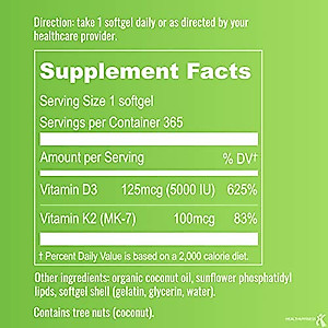 UpNourish Liposomal Vitamin D3 K2 MK7 365 Softgels - VIT D3 5000 IU + K2 100 mcg with Organic Coconut Oil - K2 D3 Vitamin Supplement - Vitamin D and K Supplement - Non GMO Gluten Free