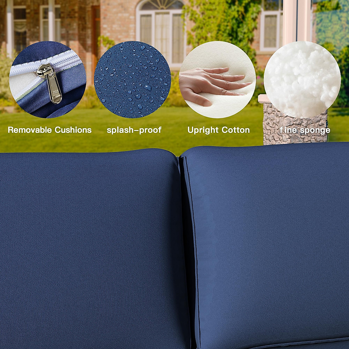 Halmuz 7 Piece Outdoor Patio Furniture Set with Propane Fire Pit, High Back PE Wicker Rattan Outdoor Sofa Conversation Set,Sectional Furniture Patio Set w/Tempered Glass Top Table&Gas Fire Pit(Navy)