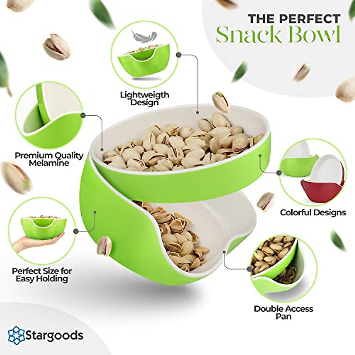 Pistachio Bowl, Snack Serving Dish, Double Peanut Bowl with Nut Seeds Shell Candy Storage, Green