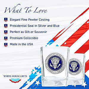White House Gifts: Presidential Seal Square Shot Glass (1.5 oz) - Shot Glasses with Fine Pewter Casting on Presidential Symbol - Perfect as Souvenir, Collectible, or Man Cave Decor - Made in the USA