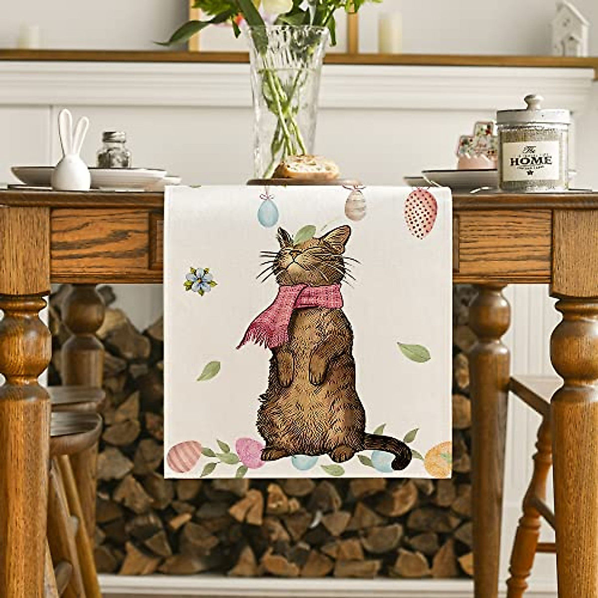 Artoid Mode Cat Branches Leaves Heart Eggs Easter Table Runner, Spring Summer Seasonal Holiday Kitchen Dining Table Decoration for Indoor Outdoor Home Party Decor 13 x 72 Inch