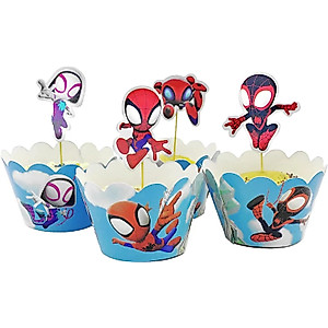 12 Pcs Spider and His Friends Cupcake Decorations, Double Sided Toppers and Wrappers, Superhero Decorations, Boys and Girls Birthday Party Supplies