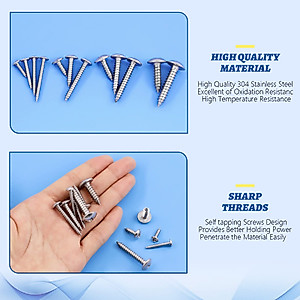 Glarks 250Pcs M3 M4 M5 M6 Metric 304 Stainless Steel Phillips Truss Head Sheet Metal Tek Screws Assortment Kit, 12 Sizes 12-30mm Pan Head Self Tapping Wood Screws Set