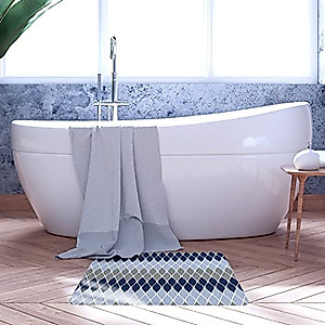 Indoor Door Mat,Grey Navy Blue Buffalo Lattice Geometric Stripe Soft Non-Slip Absorbent Kitchen Rug,Medieval Style Abstract Art Floor Mat Entrance Rugs for Bedroom Living Room 20x31In