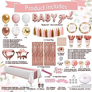 Guudmua 303 Pcs Baby Shower Decorations For Girl, Girl Baby Shower Decorations Kits - Disposable Dinnerware Set With Pink Rose Gold Floral (25 Guest), "BABY girl" Banner, Balloon, Sash, Cake Topper