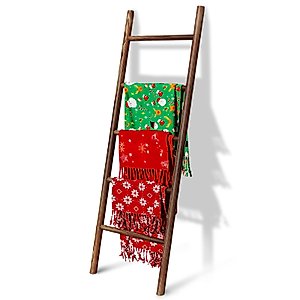 Delywh Wooden Blanket Ladder, 4.8ft Throw Blanket Holder for Living Room, Bedroom, Rustic Decorative Quilt Towel Rack Stand Ladders, Farmhouse Wood Ladder Home Decor for Blankets Display, Brown