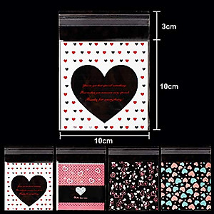 Whaline 400 Pieces Valentine Cellophane Bags Cookie Treat Bags, Heart Self-Adhesive Clear Plastic Candy Bags Party Favor Gifts Goodies Bags, 4 Styles