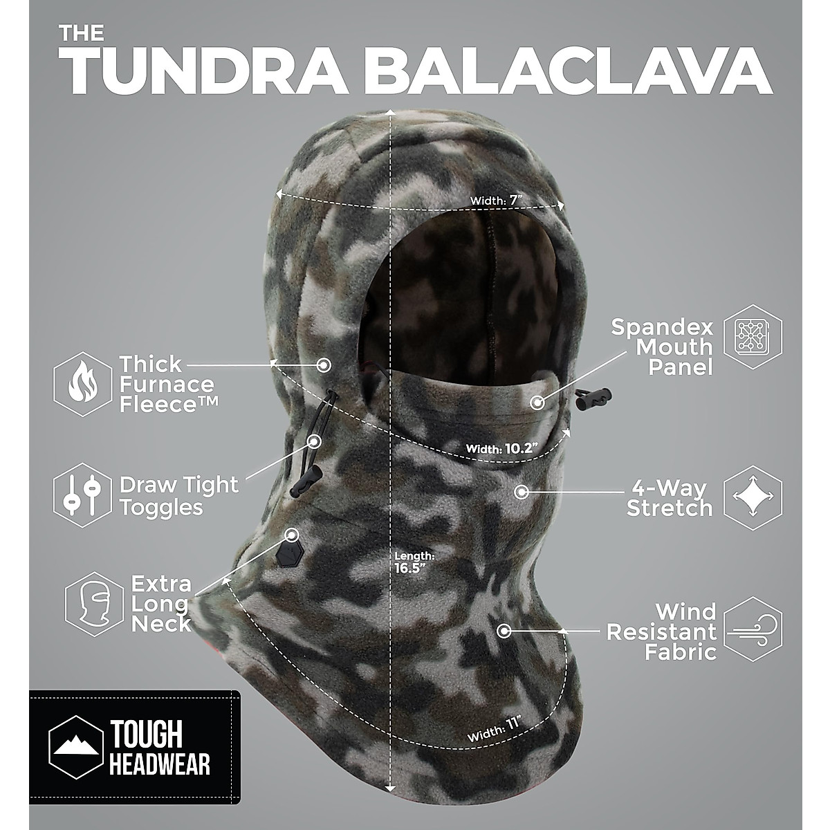 Tough Headwear Balaclava Ski Mask for Men and Women - Heavyweight Fleece Winter Shiesty Cover - Extreme Cold Weather Full Face Masks - Skiing & Snowboarding Snow Gear - Camo