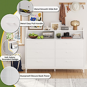 Hasuit White Dresser for Bedroom with 6 Drawers and Storage Shelves, Wide Chest of Drawers with Sturdy Steel Legs, Large Wooden Storage Tower Dresser Organizer, Dresser for Bedroom, Clost, Entryway