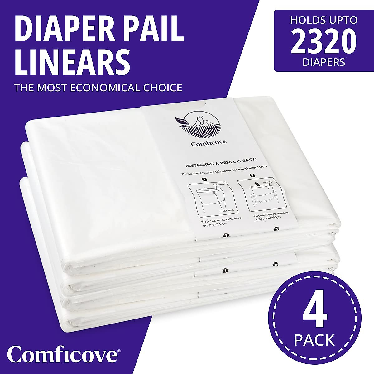 COMFICOVE Refills Compatible with DEKOR PLUS Diaper Pails | 4 Pack | Extra Thick Diaper Pail Refill Liners | Fresh Scent | Easy to Replace and Dispose of Diaper Bag | Odorless Baby Diapers Disposal