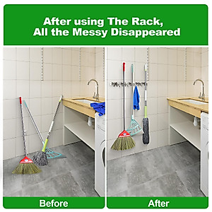 voze 5 Racks and 4 Hooks Mop and Broom Holder Wall Mount, Self Adhesive Heavy Duty Broom Hanger Organizer Storage Tool Racks for Kitchen Garden Laundry Garage