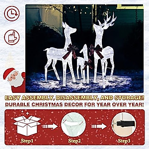 MUPATER Outdoor Christmas Decoration Lighted Deer Family Set Indoor, Christmas Holiday Yard Decor 3-Piece Moose Set for Lawn and Party with Lights, Ground Stakes and Zip Ties, White