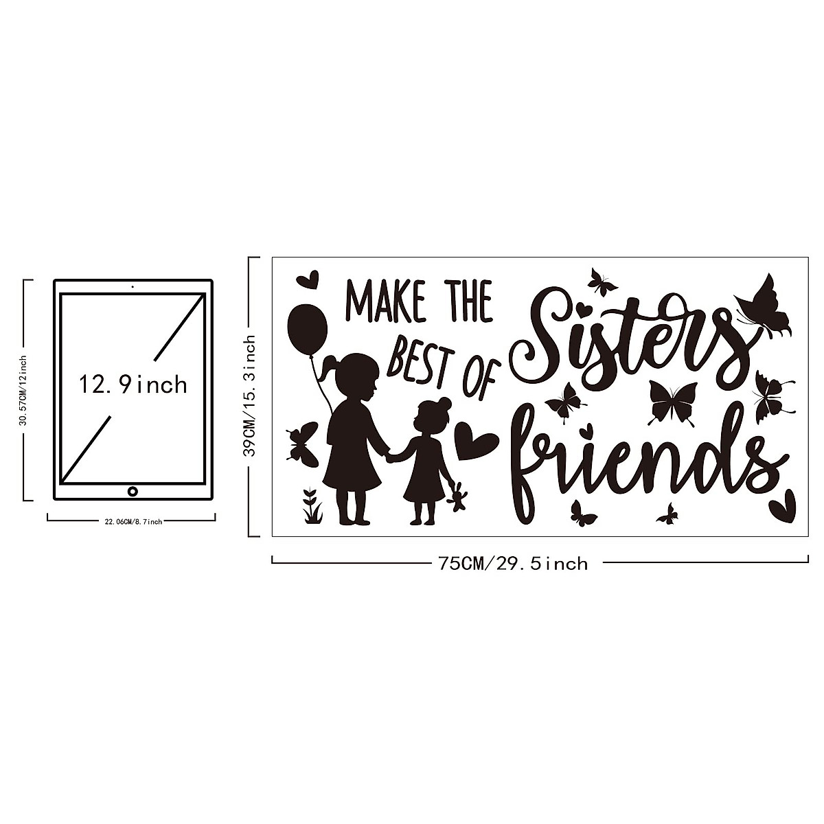 SUPERDANT Black and White Wall Decals Sisters Make The Best of Friends Wall Stickers with Butterfly Wall Decor Vinyl Wall Decoration for Nursery Girls Bedroom Living Room