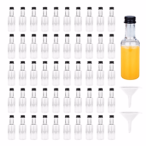 CGIZEA 50 Pack Mini Liquor Bottles, 50ml (1.7 fl oz) Plastic Spirit Bottles with Funnels, Airtight Miniature Bottles with Gold Cap, Small Alcohol Shot Bottle for Vanilla Hot Sauce Whiskey Liquid