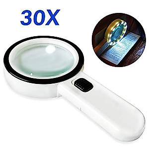 SUPULSE Magnifying Glass with Light, 30X Handheld Large Magnifying Glass 12 LED Illuminated Lighted Magnifier for Macular Degeneration Seniors Reading Inspection Coins Jewelry