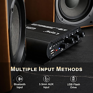 LP-838 2.1 Bluetooth Amplifier 38W+38W+50W Power Output with Remote Control Function, 2.1 Channels Bluetooth Amplifier Supports Bluetooth/USB/RCA Input(with 12V/5A DC Power Supply)